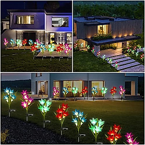 Flacchi 4 Pack Solar Lily Flower Lights with 16 Larger Lily Flower, Color Changing Landscape Lighting Outdoor Waterproof Solar Garden Lights Path Lights for Garden Patio Walkway Pathway