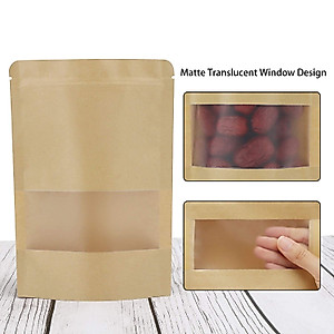 oUUoNNo 50 Pcs 7"X10" Stand Up Kraft Paper Bag, Reusable Zip Lock Sealing With Notch Matte Transparent Window Bags, All Purpose Storing Food Storage, Ideal for Coffee Beans, Nuts, Biscuits DIY