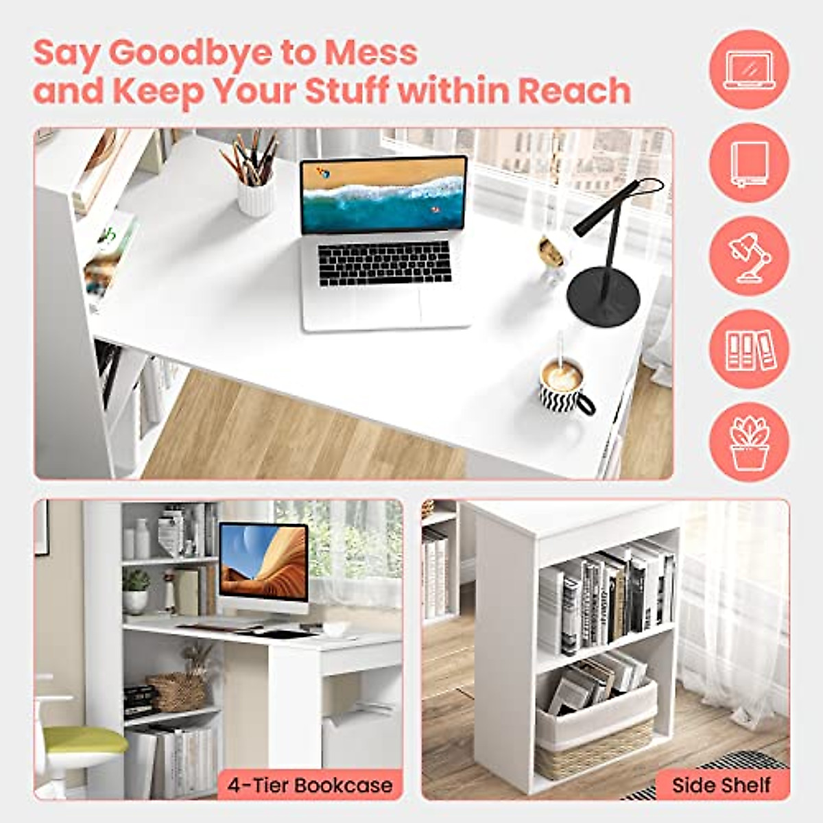 IFANNY 48 Inch Computer Desk with Bookshelf, Reversible Home Office Desk with Open Shelves & CPU Stand, Modern Space-Saving Writing Desk Computer Workstation for Study, Living Room (White)