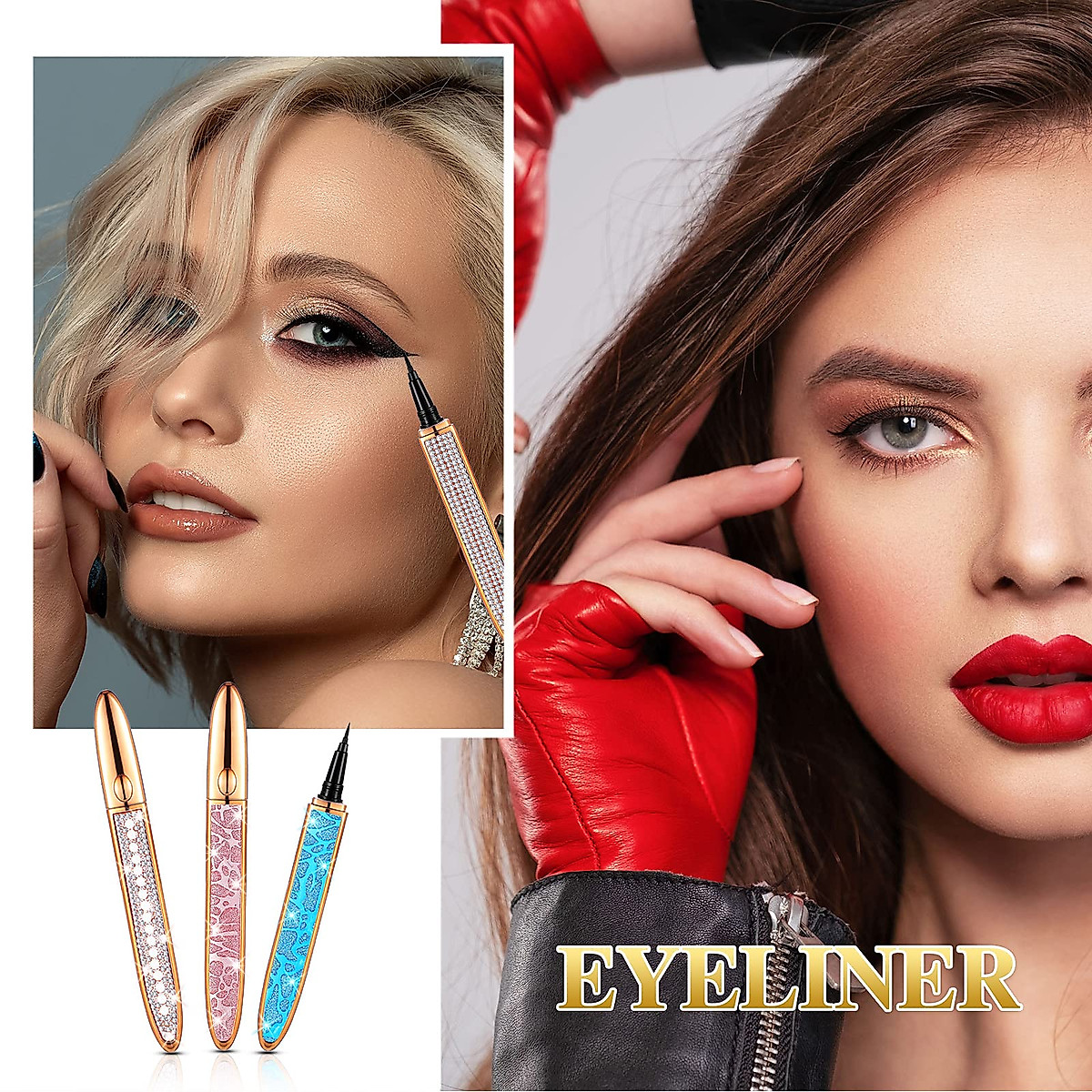 4 Pieces Diamond Self-Adhesive Eyeliner Diamond Eyeliner Liquid Eyeliner 2 in 1 Eye Liner Pen Glitter Eyeliner No Glue, No Magnetic, Waterproof for Women Girls Eye Makeup, False Eyelashes