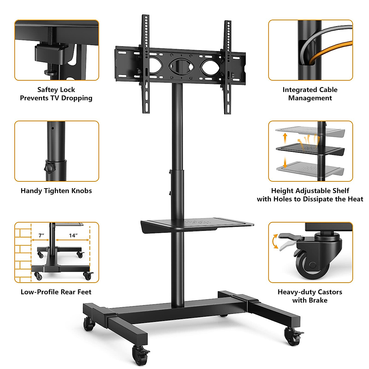 5Rcom Upgraded Rolling TV Stand, Sturdy TV Stand Mount with Locking Wheels for 32-75" Flat/Curved Panel Screens TVs, Height & Tilt Adjustable TV Floor Stand, Holds up to 100lbs