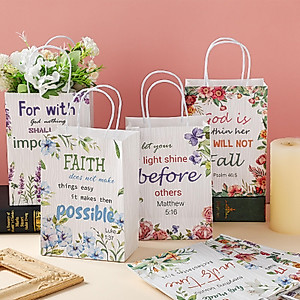 Yeaqee 24 Pcs Religious Gift Bags Bible Verse Treat Bags Inspirational Flower Paper Bags with Handles Christian Church Gifts in Bulk for Women Wedding Birthday First Communion Baptism