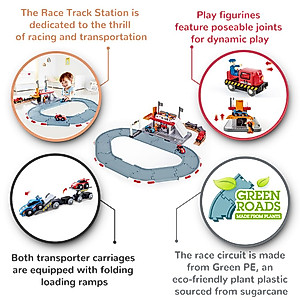 Hape Race Track Station Wooden Realistic Kids Race Track Toy with Two Race Cars, Carriages & Repair Station L: 25.2, W: 4.7, H: 23.6 inch
