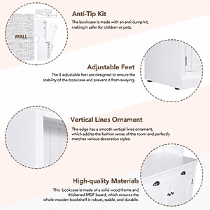Linique 2PCS Modern Tall Bookshelf with LED Lights, Drawers, Open Shelves & Doors, Storage Bookcase with Adjustable Shelves for Living Room, Bedroom, Home Office, White