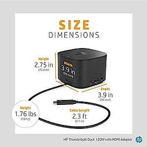 HP Thunderbolt Dock 120W with HDMI Adapter, Universal USB-C Docking Station, One Cable, Multiple Connections, with a Single USB-C™ Cable Connection to Any Brand Laptop (6HP48AA#ABL)