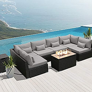 Dineli Patio Furniture Sectional Sofa with Gas Fire Pit Table Outdoor Patio Furniture Sets Propane Fire Pit (Light Gray-Rectangular Table)