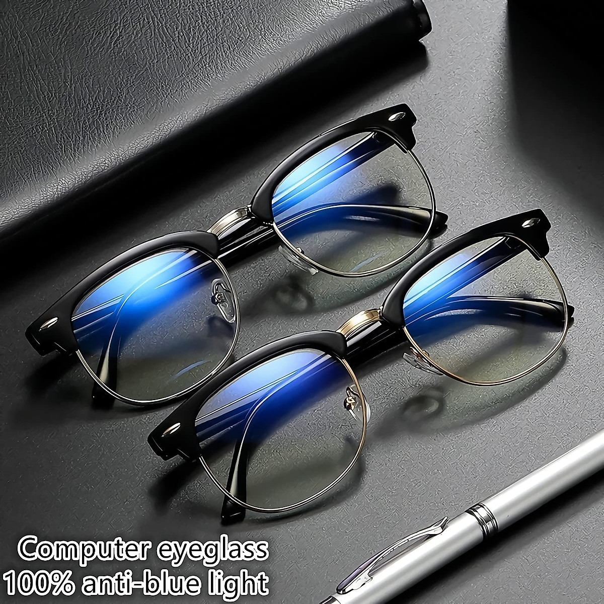 RuiJinGen Computer Gaming Blue Light Blocking Glasses Half frame Retro Semi Rimless Clear Lens Glasses Eyewear Men Women