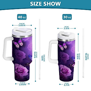 Maunzc 30 oz Tumbler with Handle and Straw, Insulated Stainless Steel Travel Mug with Lid for Coffee, Iced Tea, Water, Gift for Men Women (Purple Butterfly)