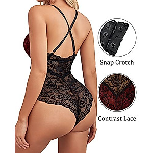 Avidlove Lingerie Bodysuit for Women Floral Lace Teddy One Piece Babydoll Mini Babydoll (Red,L)