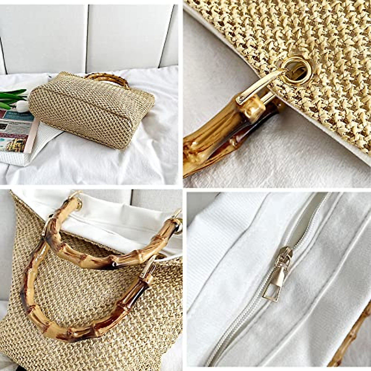 CWCYYDSYY Women's Straw Bags Tote with Bamboo Handles Rattan Woven,Handbag Summer Boho Beach Purse(Brown)