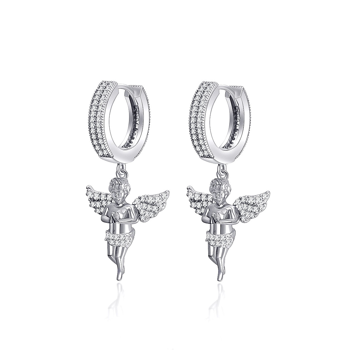 HELLOICE Praying Angel Wing Earrings Iced Out Dangle Drop Earrings 18K White Gold Plated 5A CZ Stone Dangling earrings Lightweight Religious Earrings for Women & Men