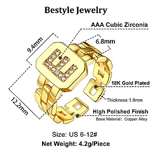Bestyle Gold Cuban Chain Initial Ring Adjustable Fashion Signet Rings for Women Alphabet Letter E Resizable Knuckle Open Ring, Stackable Rings Fit #6-#12