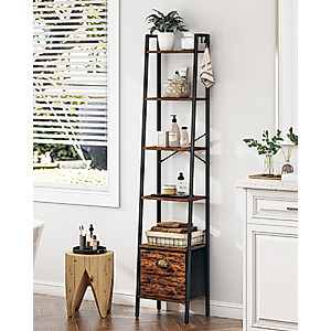 Hzuaneri Narrow Bookshelf Bookcase with Drawer, Ladder Shelf with 2 Hooks, Bookshelves Storage Organizer, Freestanding Display Standing for Home Office, Bedroom, 6 Tier Rustic Brown BC19601B