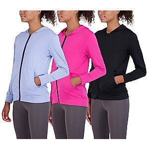 3 Pack: Womens Dry Fit Long Sleeve Full Zip Up Hoodie Jacket Ladies Athletic Running Track Workout Sports Yoga Pockets UPF Sun Shirt Rain Warm Sweat Up Winter Rain Lightweight Outerwear- Set 4, L