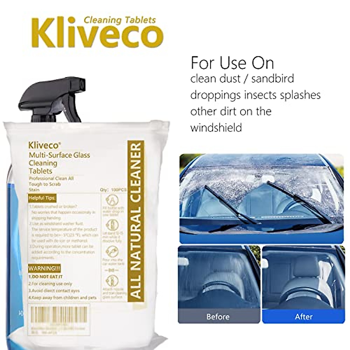 Kliveco 100PCS Car Windshield Washer Fluid concentrate Tablets,Windshield Wiper Fluid,1 Pack Makes 105 Gallons,1 Piece Makes 1.05 Gallons(Winter: Use With De-icer or Methanol)