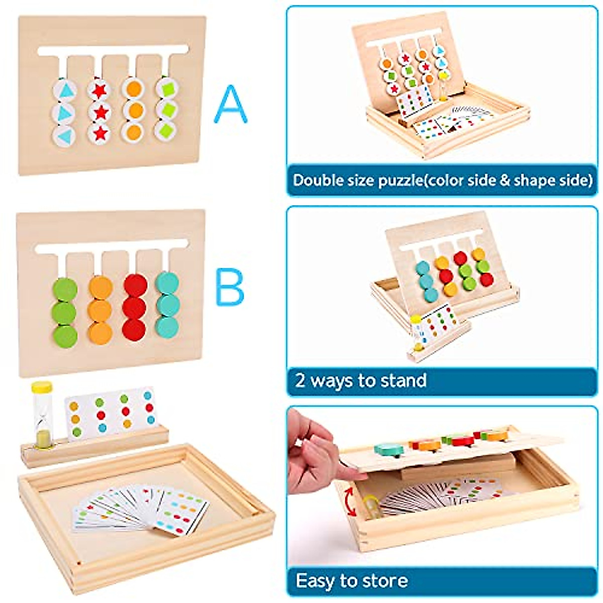 Montessori Learning Toys Slide Puzzle Color & Shape Matching Brain Teasers Logic Game Preschool Educational Wooden Toys for Kids Boys Girls Age 3 4 5 6 7 Years Old Travel Toys Birthday Gifts for Kids