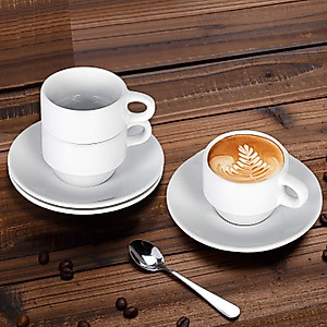 Lifecapido Espresso Cups and Saucers with Stand Rack, Porcelain Stackable Espresso Mugs, 2.5 Ounce Demitasse Cups Designed for Espresso, Latte, Cafe, Mocha - Set of 6 (White)