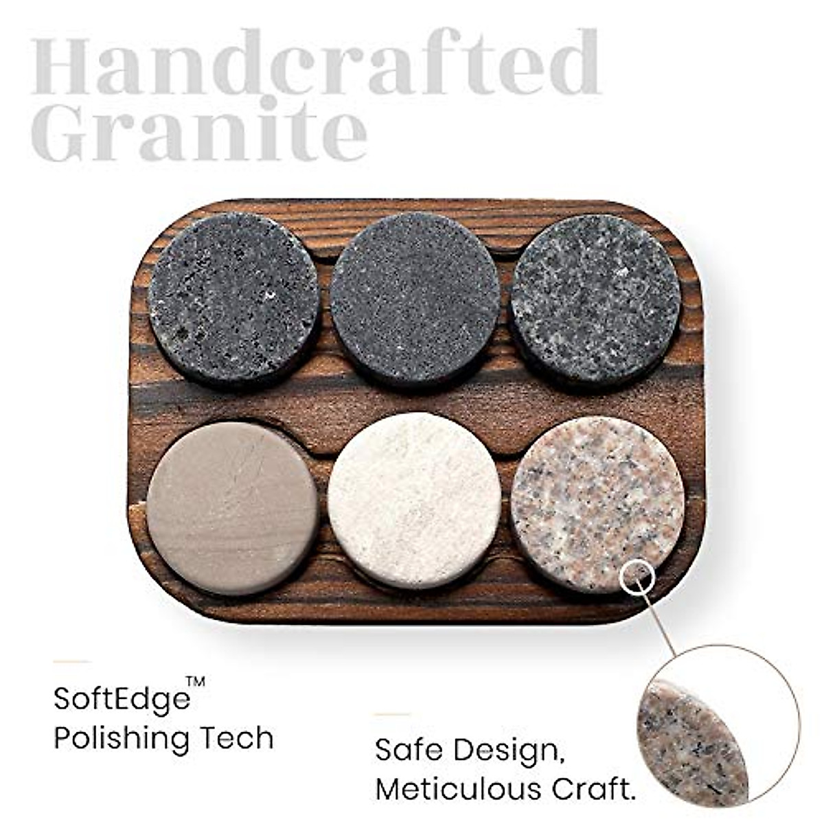 Whiskey Chilling Stones - Set of 6 Handcrafted Premium Granite Round Sipping Rocks - Hardwood Presentation & Storage Tray by R.O.C.K.S.