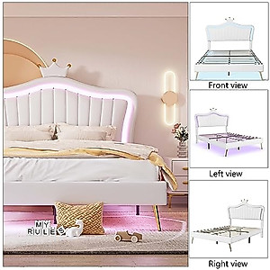 Queen/Full Size Upholstered Bed Frame with Led Lights, Modern Upholstered Princess Bed with Crown Headboard, Wooden Slats Support, No Spring Box Needed (Queen, White)