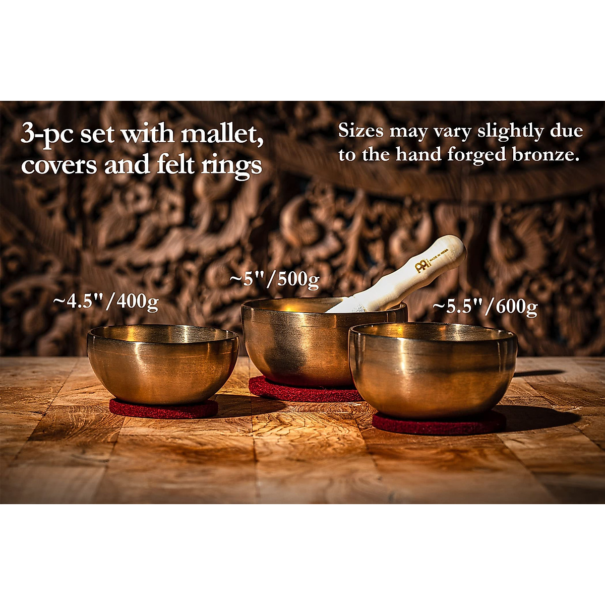 3 Piece Bronze Singing Bowl Set with Mallet, Felt Rings and Covers, Universal Series — MADE IN INDIA — For Meditation, Yoga and Sound Healing Therapy, 2-YEAR WARRANTY