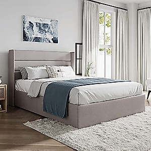 SHA CERLIN Queen Size Lift Up Storage Bed/Modern Wingback Headboard/Upholstered Platform Bed Frame/Hydraulic Storage/No Box Spring Needed/Wood Slats Support/Light Beige