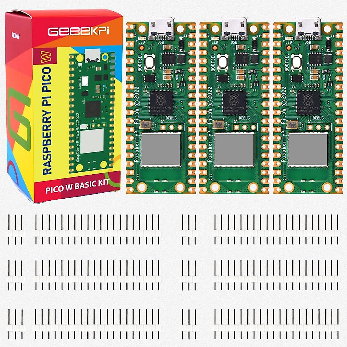 GeeekPi 3PCS Raspberry Pi Pico W with Pin-Headers,- Raspberry Pi RP2040 Chip, Wi-Fi Wireless Connectivity