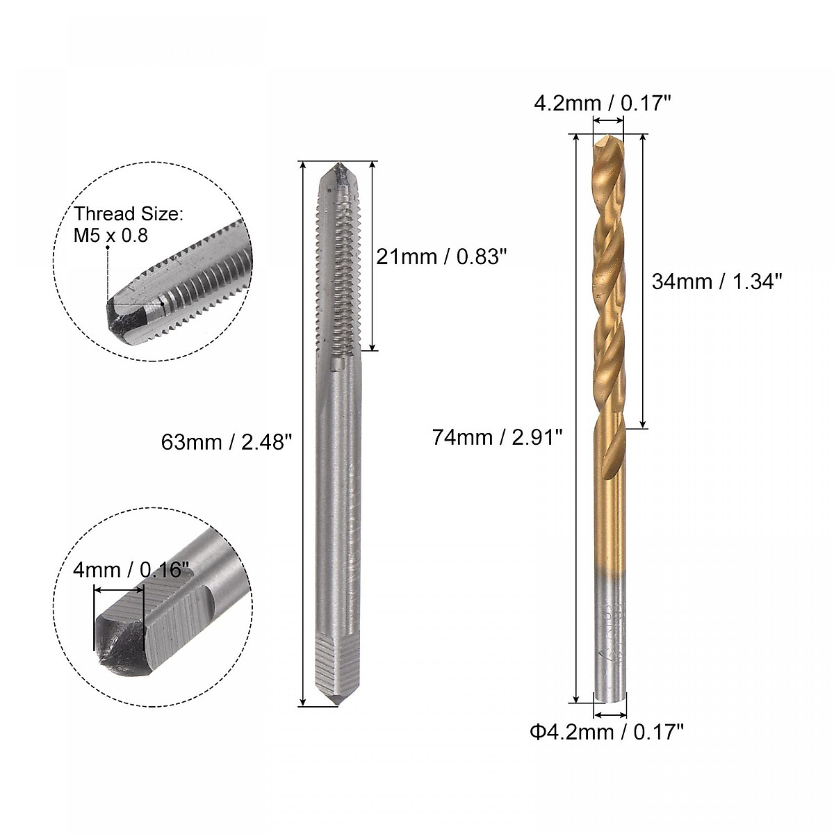 uxcell M5 x 0.8 Straight Flute Thread Tap and 4.2mm Twist Drill Bit Set, Metric Titanium Plated 6542 High Speed Steel Machine Screw Thread Tap Threading Drilling Tool