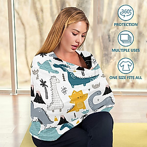 Cute Dino Scandinavian Style Baby Car Seat Cover for Boys Girls,Stretchy Infant Car Canopy,Snug Warm Breathable,Breastfeeding Covers,Nursing Scarf,Baby Shower