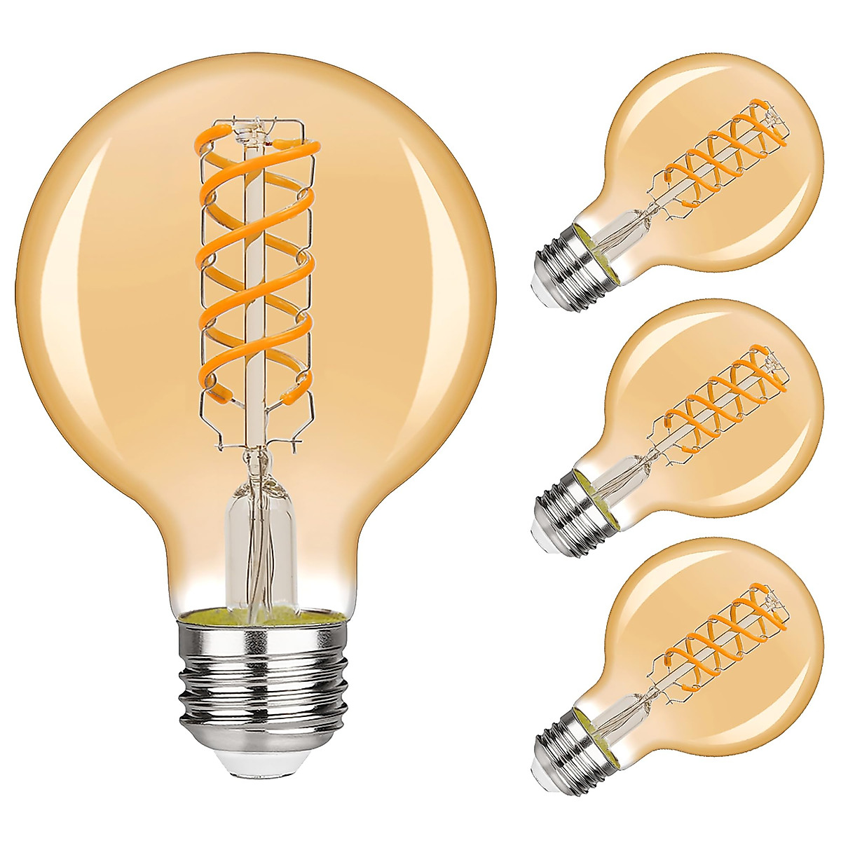 G25 LED Globe Light Bulbs, Antique Flexible Spiral LED Filament Light Bulb, Vintage LED Edison Bulb,4 Pack, Warm White 2500K,6W Equivalent to 60W, 600LM，Dimmable with 80+ CRI，E26 Base, Amber Glass