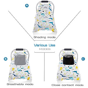 SJEhome Car seat Covers for Babies boy Girl,Light Weight Muslin,Carseat Canopy for Newborn Infant Carrier,2 Layers Windows of Mesh/Fabric,Fit All Baby Car Seat,Dinosaur