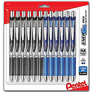 Pentel EnerGel 0.7 mm RTX Retractable Liquid Gel Pen, Bulk Combo Pack of 6 BLACK INK & 6 BLUE INK metal (Total of 12 Deluxe Pens in box) Medium Line, Metal Tip pens
