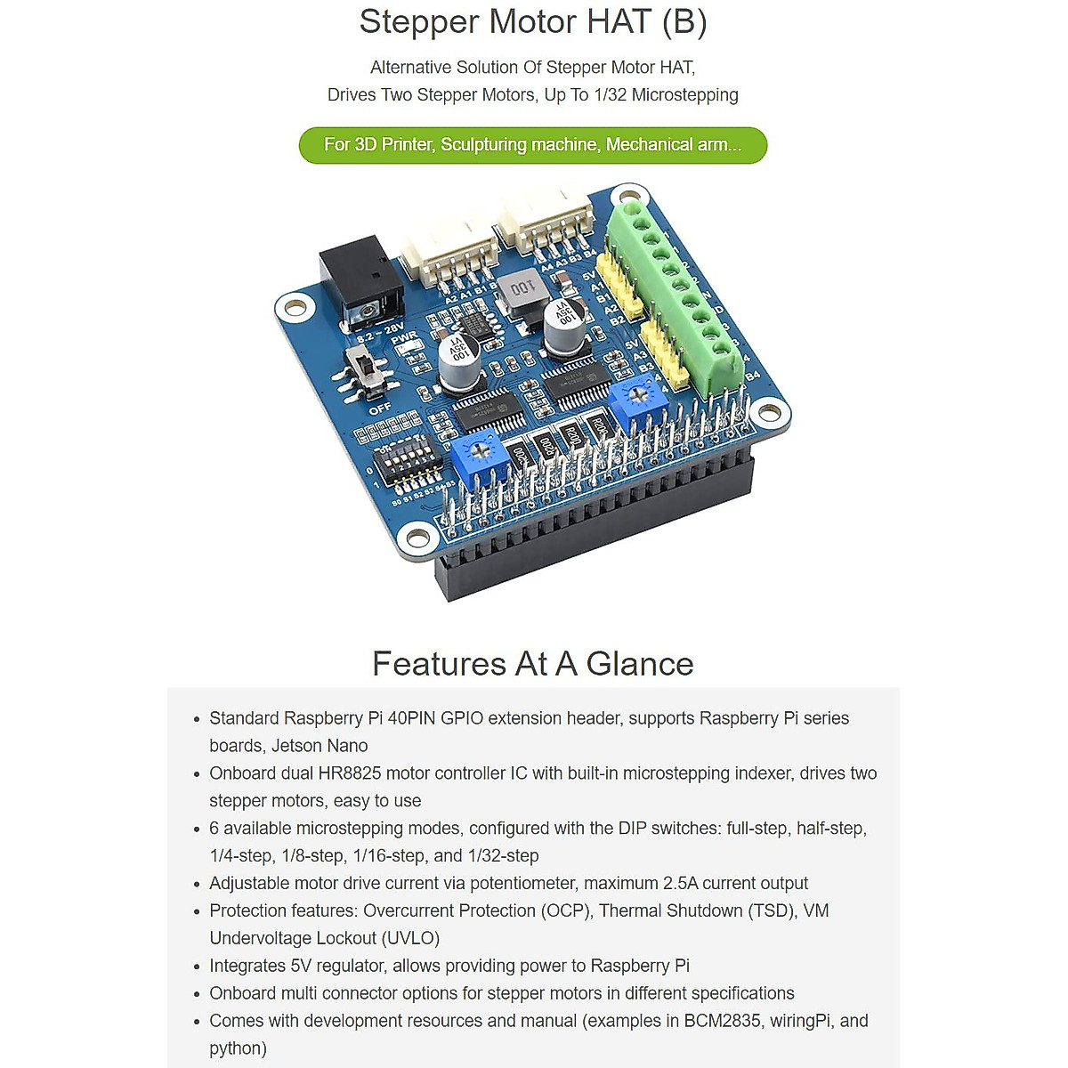 Waveshare HRB8825 Stepper Motor HAT Compatible with Raspberry Pi Drives Two Stepper Motors Up to 1/32 Microstepping