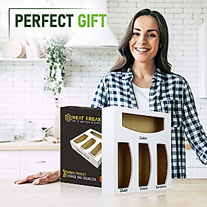 Neat Freak Baggie Organizer Dispenser – 4-in-1 Ziploc Bag Storage Organizer for Drawer – Bamboo Baggie Organizer For Wall– Ziploc Bag Organizer for Quart, Snack, Gallon, Sandwich - White Color.