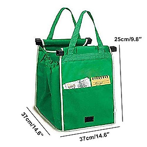 Helishy 2Pack Reusable Grocery Bags Shopping Trolley Bags, Green Non-woven Tote Bags with Handles, Collapsible Grab and Go Bag Clip on Shopping Cart