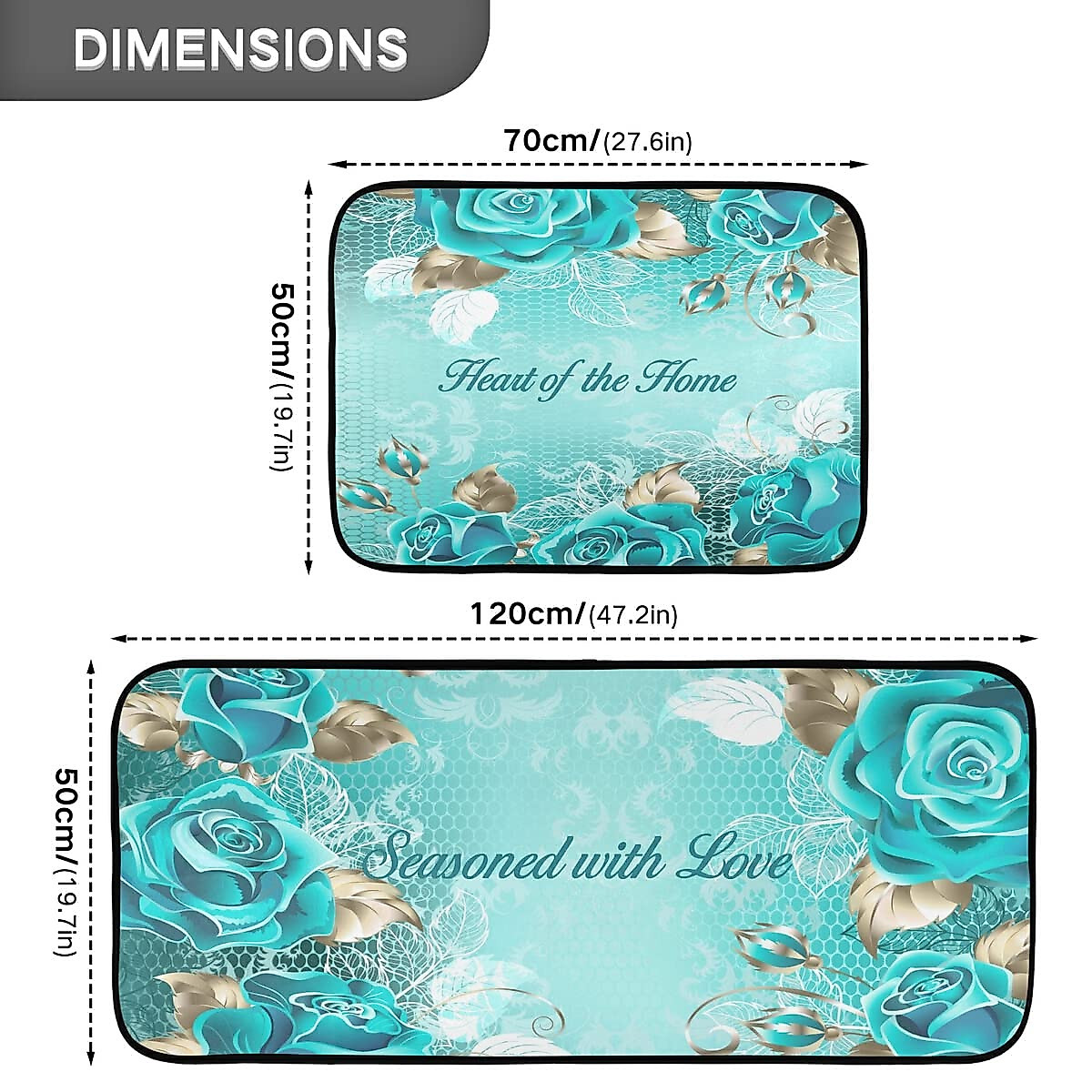 Emelivor Teal Rose Turquoise Kitchen Rugs and Mats Set 2 Piece Non Slip Washable Runner Rug Set of 2 for Kitchen Floor Home Decorative Laundry Hear of Home Seasoned Love