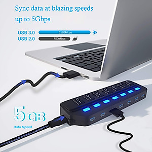 USB Hub 3.0 Splitter,7 Port USB Data Hub with Individual On/Off Switches and Lights for Laptop, PC, Computer, Mobile HDD, Flash Drive and More