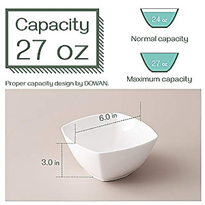 DOWAN Square Salad Bowls Set of 6-27 Oz Porcelain Cereal Bowls, White Serving Bowl Set for Soup Ice Cream Dessert, Bowls for Kitchen, Chip Resistant, Dishwasher & Microwave Safe, Fathers Day Gift