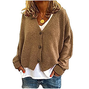 Mayntop Womens Sweater Cardigan Jumper Plus Size Solid Color Plain Oversize Button-Down V-Neck Knitted Tops Loose Knitwear(A Khaki,L)