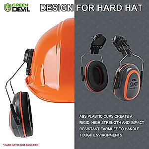 GREEN DEVIL Hearing Protection Ear Muffs For Hard Hat SNR27dB/NRR 22dB Noise reduction Low Profile Helmet mounted Safety Earmuff for Construction or Manufacturing