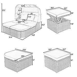 Merax Outdoor Patio Rattan Daybed Sunbed with Retractable Canopy, Sectional Conversation Sofa Set for Backyard and Porch, Blue