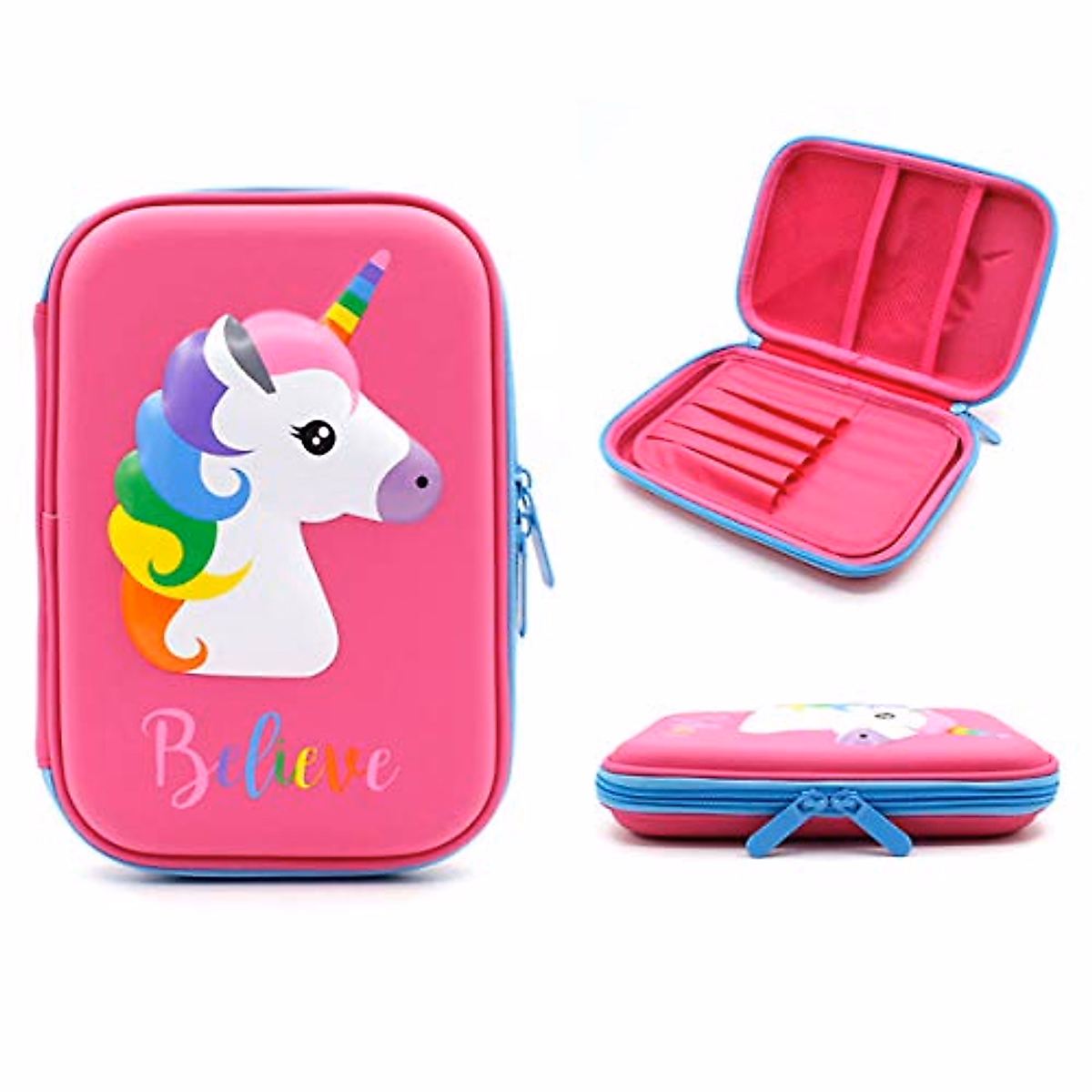 Pencil Case for Girls, 3D Cute EVA Unicorn Pen Pouch Stationery Box Anti-Shock Large Capacity Multi-Compartment for School with 4 unicorn pens