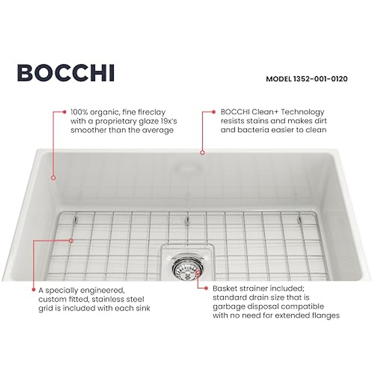 BOCCHI Contempo Farmhouse Apron Front Fireclay 33 in. Single Bowl Kitchen Sink with Protective Bottom Grid and Strainer in White