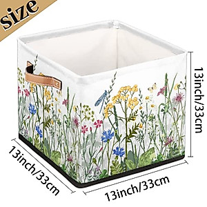 Storage Basket Dragonfly Spring Flower Butterfly Plant Collapsible Storage Bin with Handles Large Canvas Storage Cubes Toy Basket for Shelves Closet Nursery Cabinet Living Room Organizer 13x13x13"