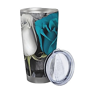 Teal Gray Rose Tumbler with Lid and Straw 20oz Stainless Steel Car Cup for Hot and Cold Drinks, Double Wall Insulated Travel Coffee Mug Reusable Drink Thermos Cup Birthday Gifts