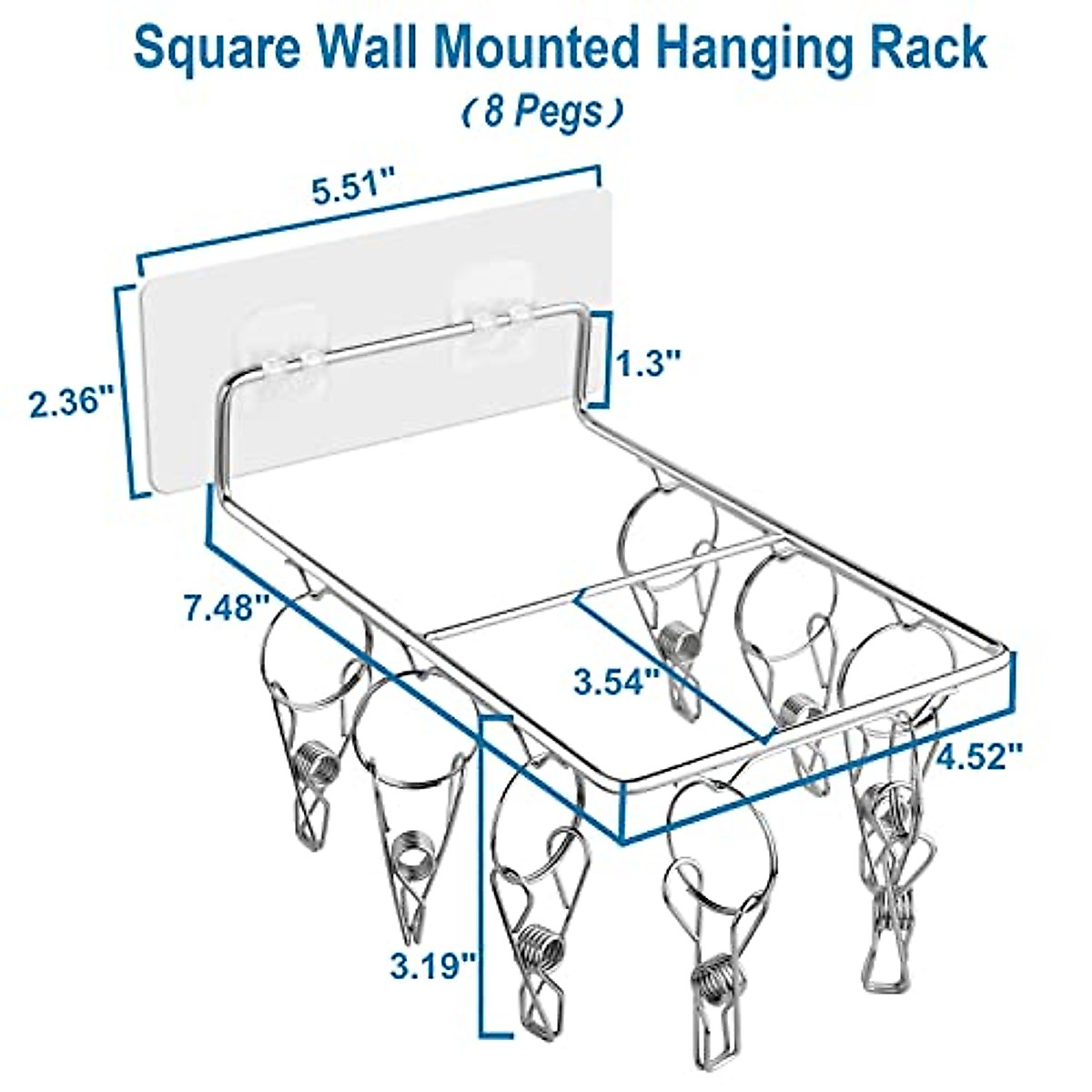 2 Pack Sock Hangers with Clips, Stainless Steel Underwear Hanger for Drying No Drilling Self-Adhesive Wall Hooks for Hanging Hats Baby Clothes Diapers Bras Towels Ties Gloves (Rectangle-8 Peg)