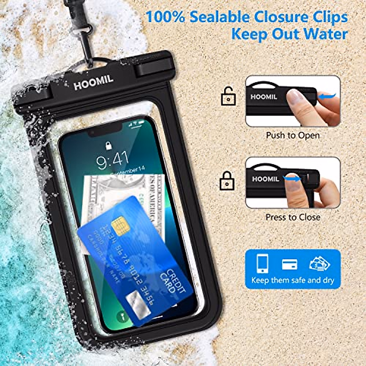 HOOMIL Waterproof Phone Pouch, 2 Pack Universal IPX8 Waterproof Phone Case Dry Bag with Lanyard for Samsung Galaxy A53 5G/S22 Ultra/iPhone 14 Pro Max - Black, Clear