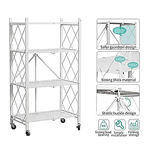 ShanSon Storage Shelves with Wheels 4 Tier Heavy Duty Foldable Metal Rack Storage Shelving Units for Garage Kitchen，White