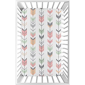 Sweet Jojo Designs Coral, Grey and Mint Baby Girl Fitted Mini Portable Crib Sheet for Mod Arrow Collection - for Mini Crib or Pack and Play ONLY