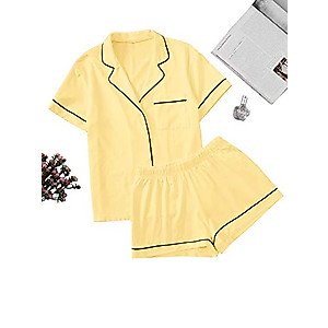 Floerns Women's Notch Collar Short Sleeve Sleepwear Two Piece Pajama Set Yellow Solid M