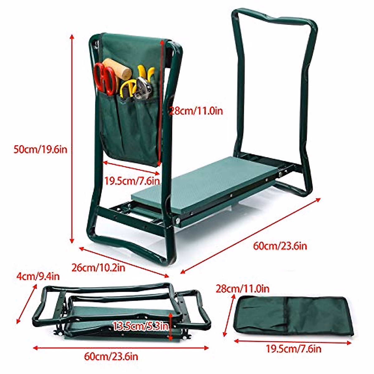Heavy Duty Gardening Bench for Kneeling, Sitting Folding 2 in 1 Chair and Stool, Outdoor Knee Pads for Women/Men Floor Work Gifts, Free 2 Large Tool Pouch, Light-Weighted Sturdy Steel Pipe Structure